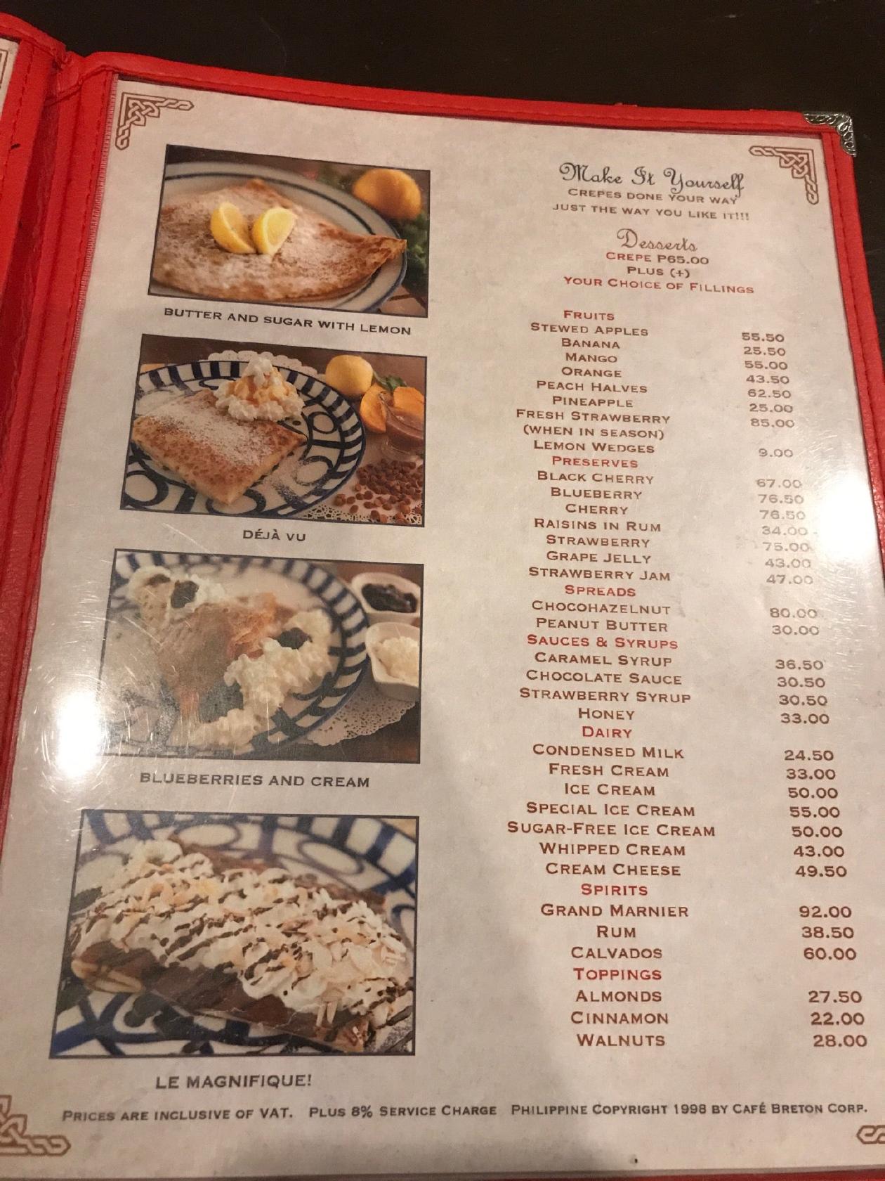 Menu at Café Breton cafe, Muntinlupa