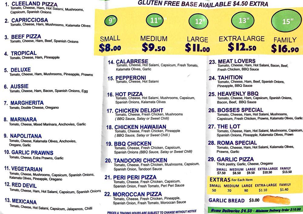 Menu at Cleeland Pizza House pizzeria, Dandenong