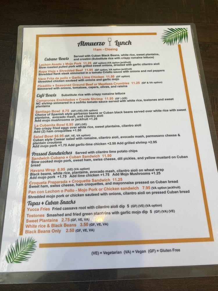 Menu at Cousins Cuban Cafe, Black Mountain