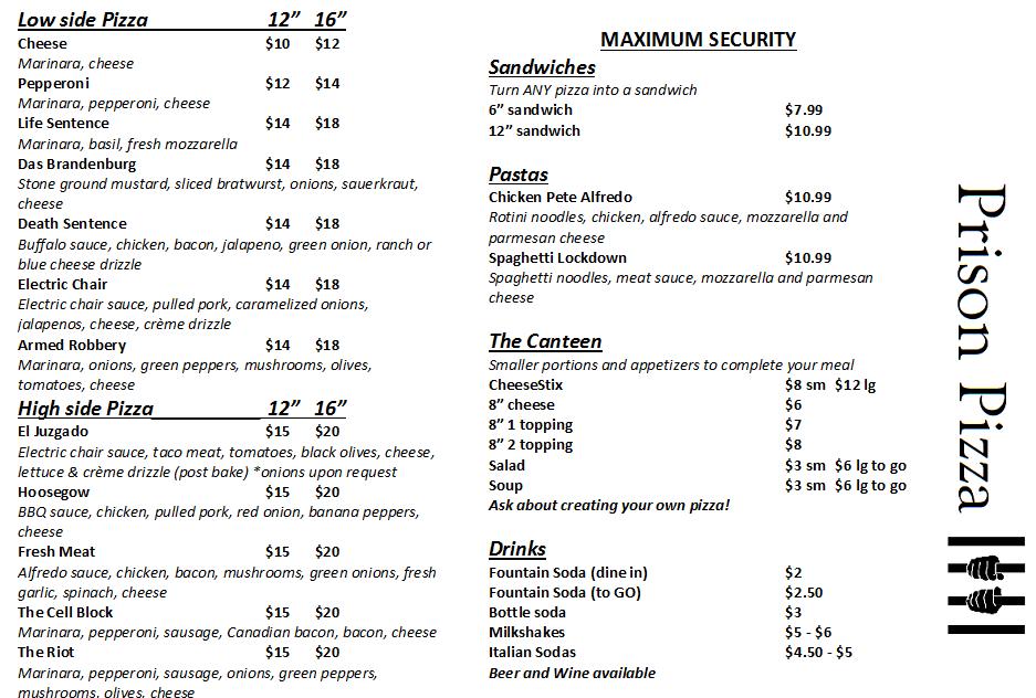 Menu at Prison Pizza pizzeria, Deer Lodge