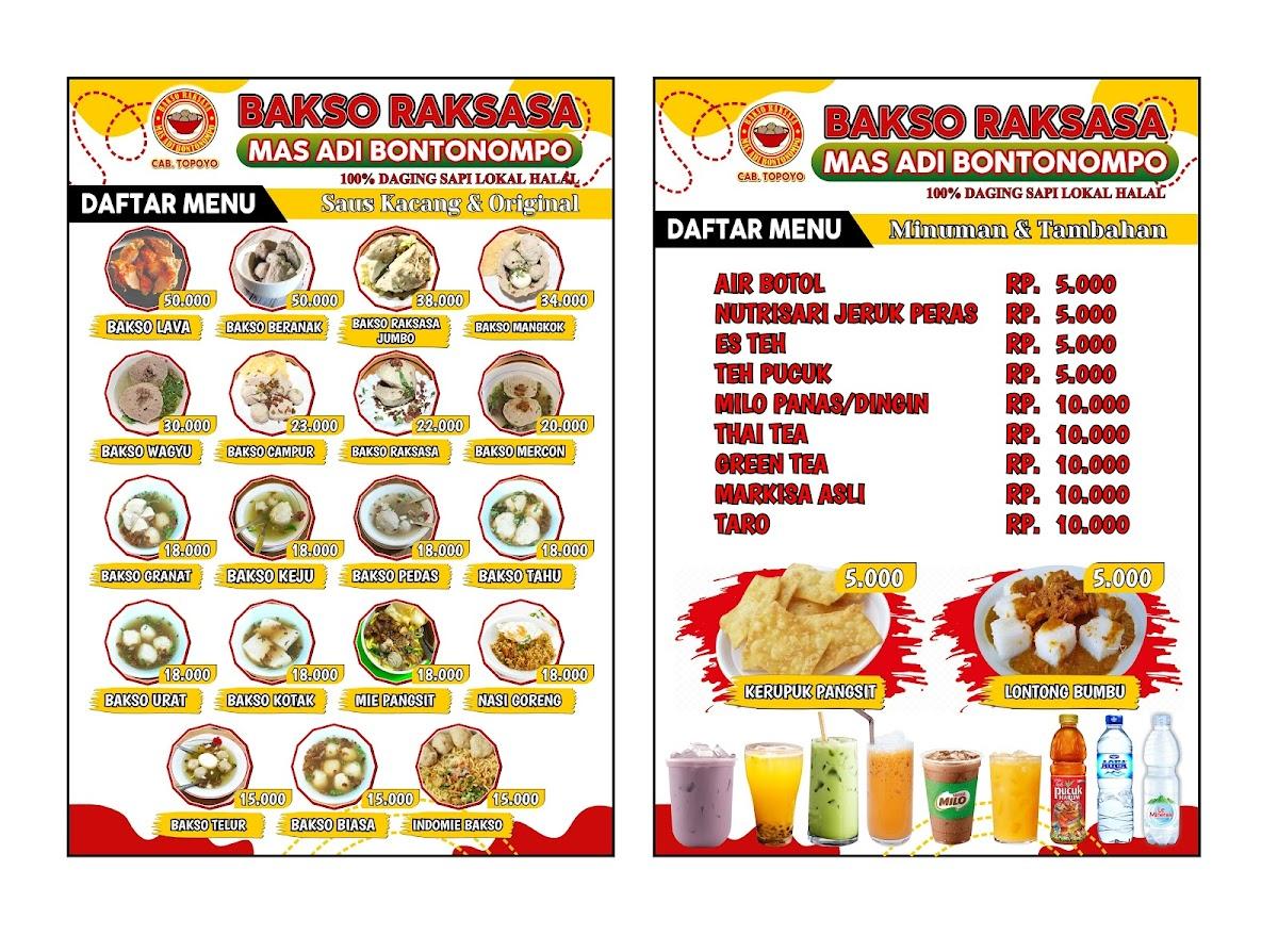 Menu at Bakso Raksasa Mas Adi Bontonompo Cabang Topoyo restaurant, Topoyo