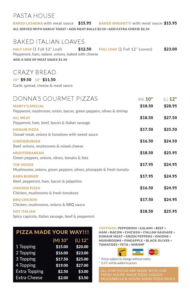 Menu at Donna's Eatery pizzeria, Edmonton, 115 Ave NW