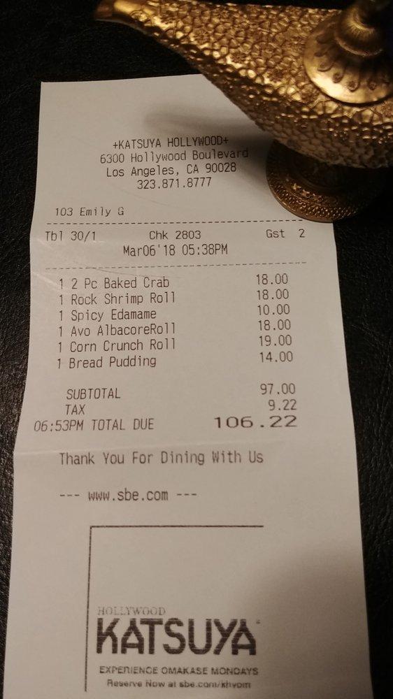 Menu at Katsuya restaurant, Los Angeles, Hollywood Blvd