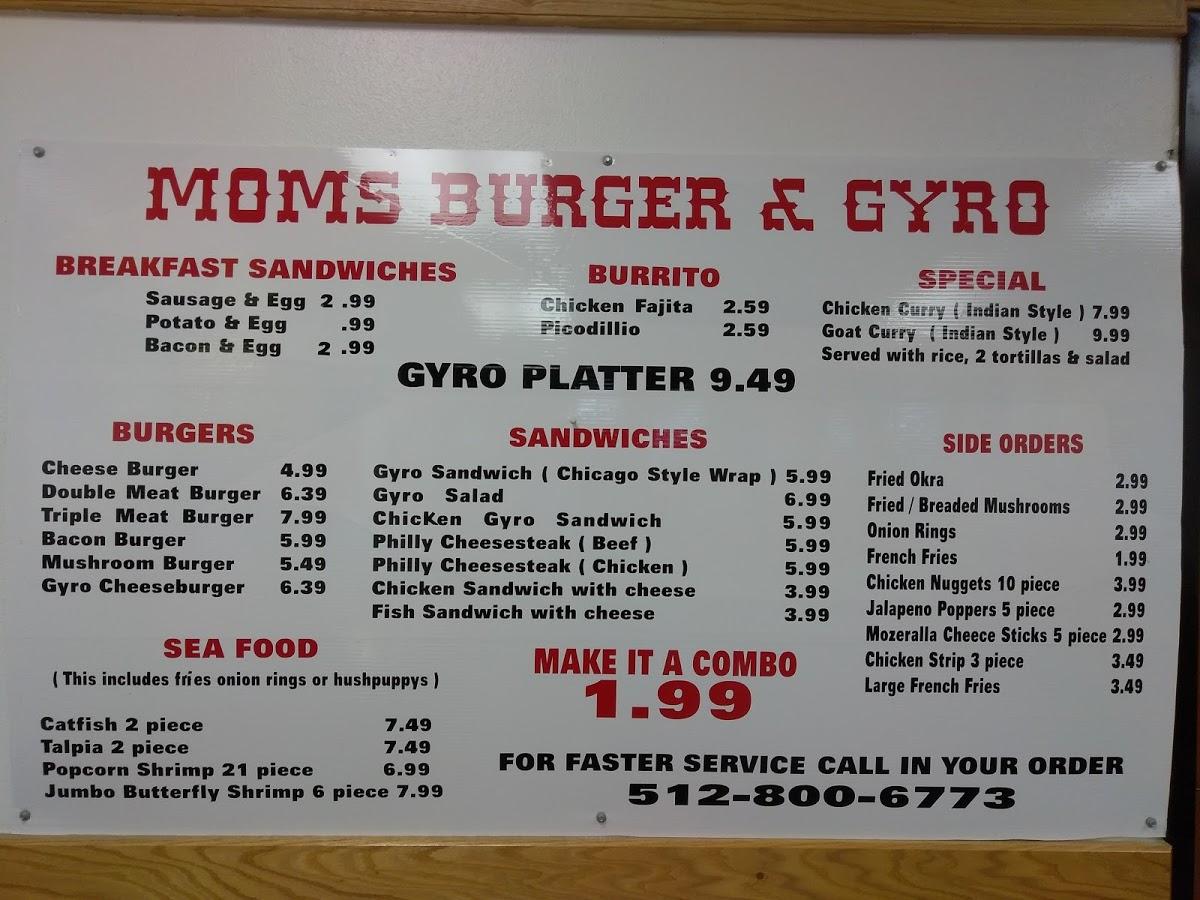 Menu at Mom's Burger & Gyro restaurant, Kempner