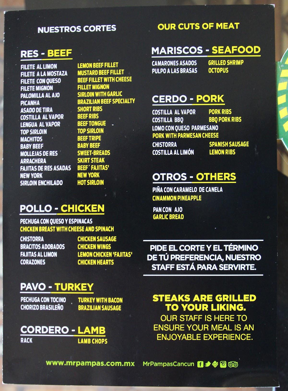 Menu at Mr.Pampas Cancun restaurant, Cancún