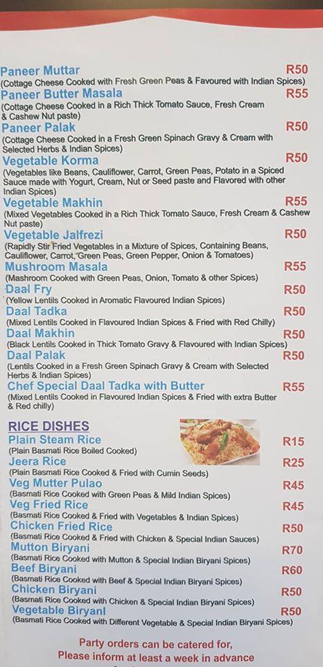 Menu au Pakeezah restaurant, Secunda