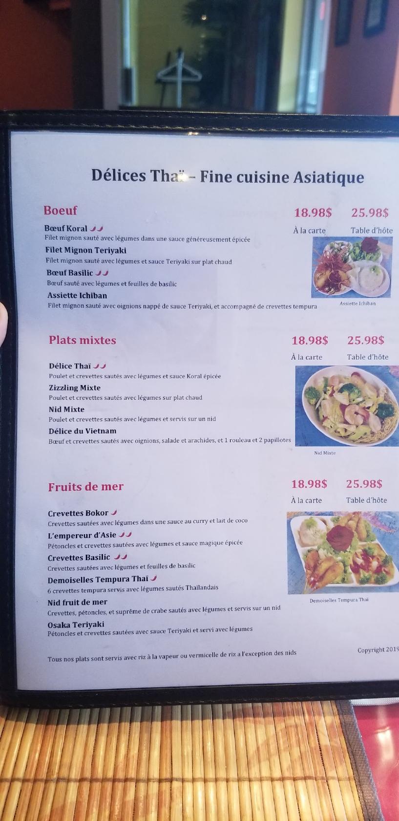 Menu au Restaurant Délices Thaï, Québec