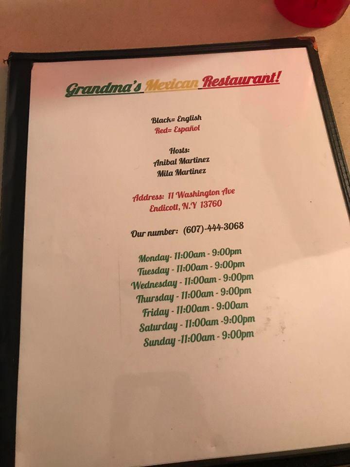 Menu at Grandma's Mexican Restaurant, Endicott