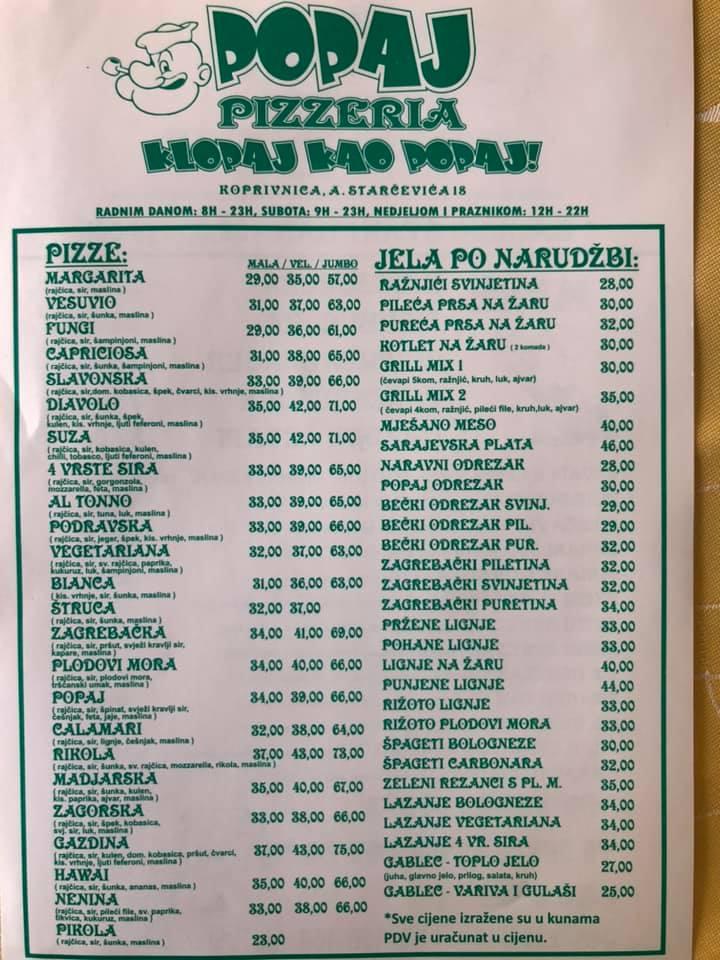 Menu at Pizzeria Popaj, Koprivnica