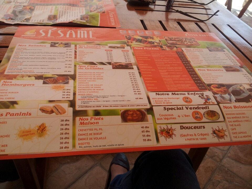 Menu at Sesame restaurant, Agadir