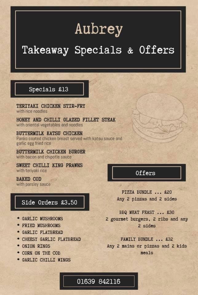 Menu at The Aubrey Arms restaurant, Ystalyfera