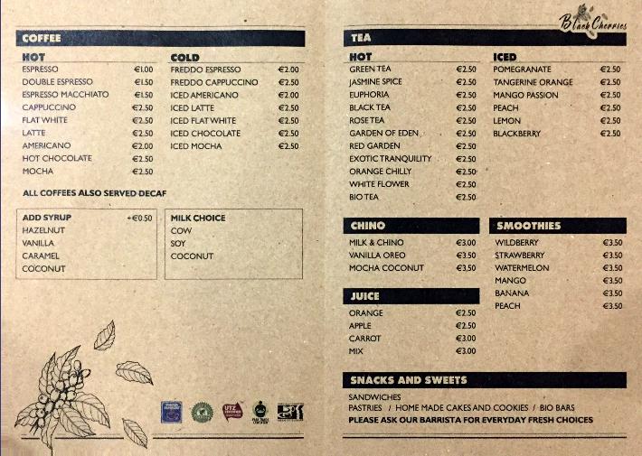 Menu at Black Cherries Coffee Company, Nicosia, CY