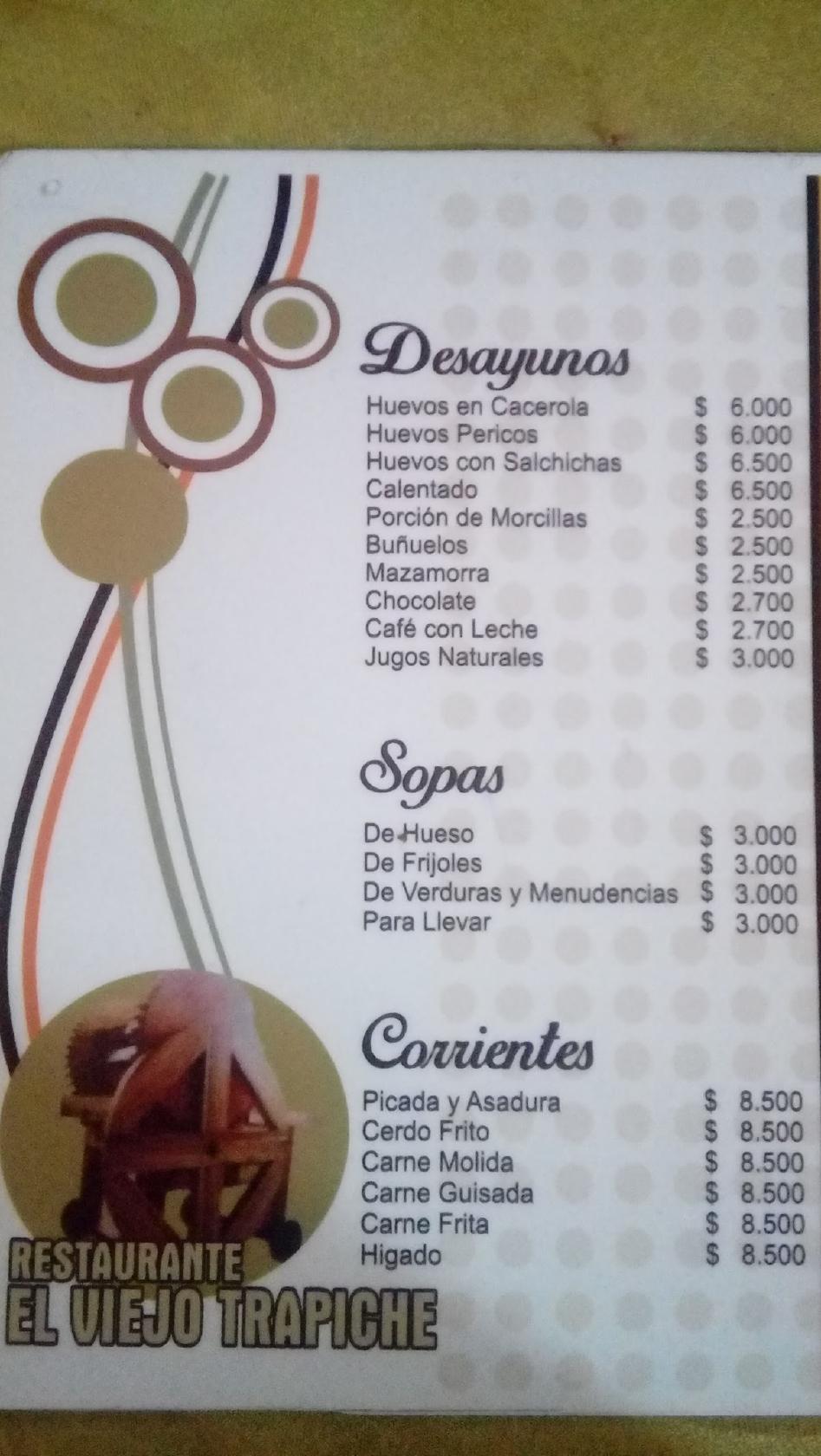 Carta del restaurante El Trapiche, Montería