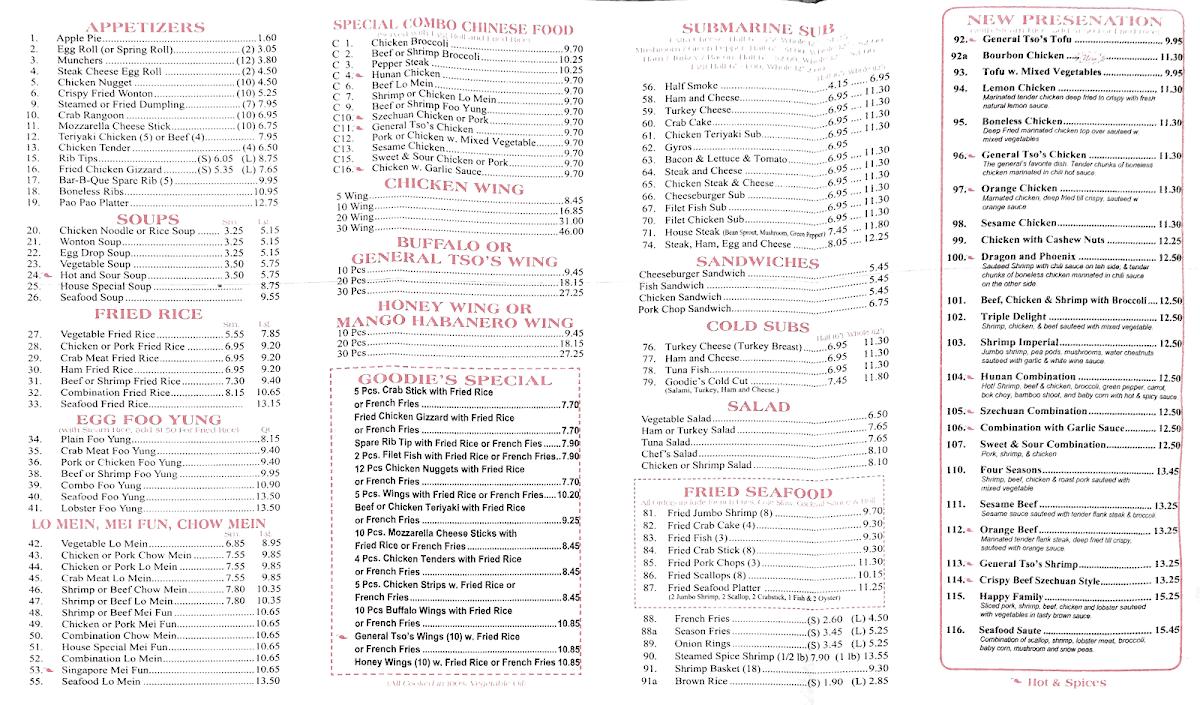 Menu at Goodies Restaurant & Carryout, Indian Head