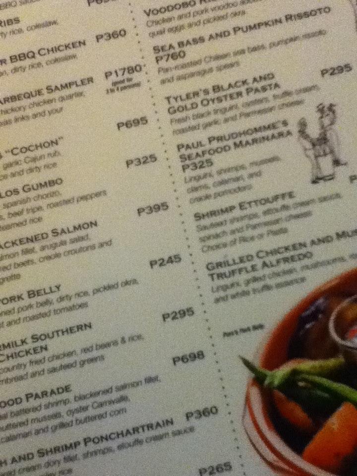 Menu at Murray's New Orleans restaurant, Davao City