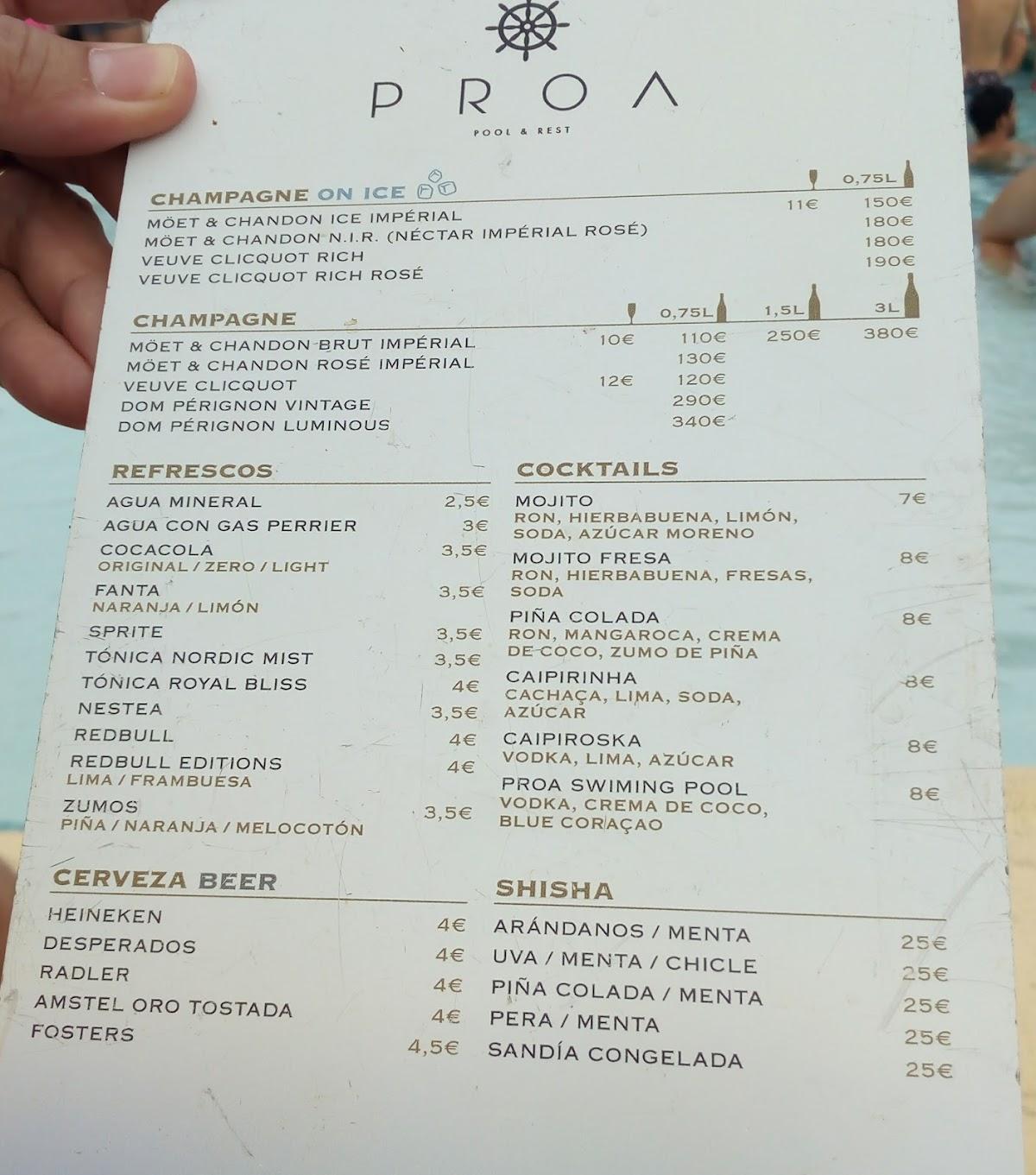 Carta de PROA Beach Club, Playa Puebla de Farnals