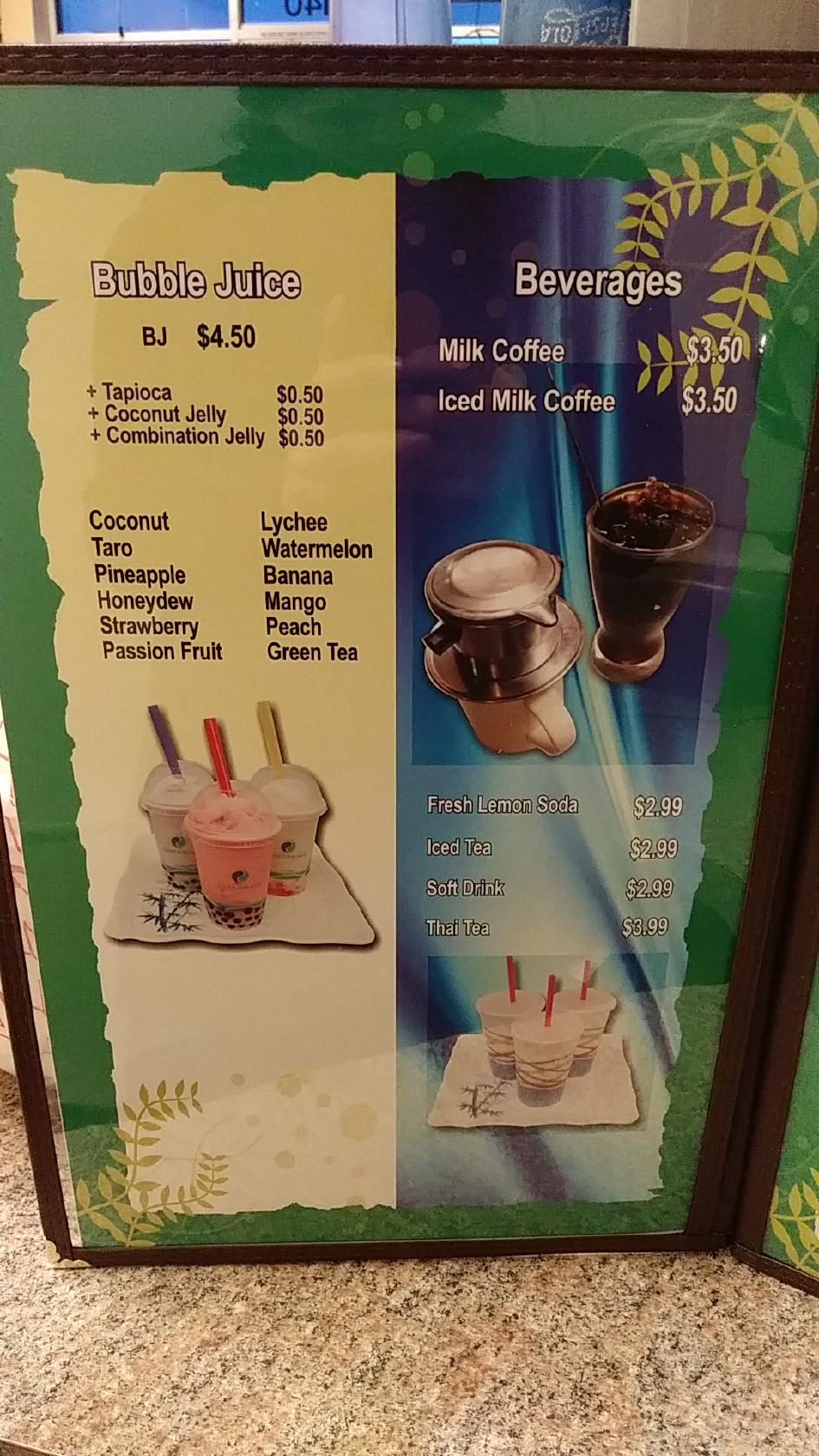 Menu at Pho Ever Vietnamese Cuisine restaurant, Longview