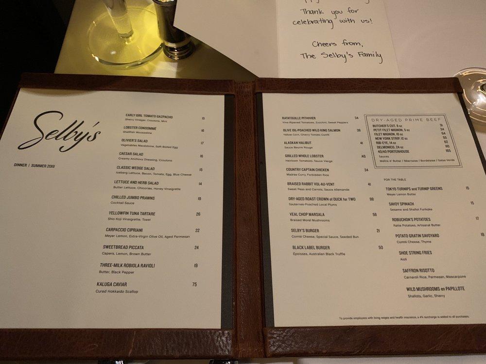 Menu at Selby's steakhouse, Redwood City