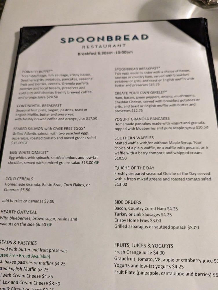 Menu at Spoonbread restaurant, Greenville