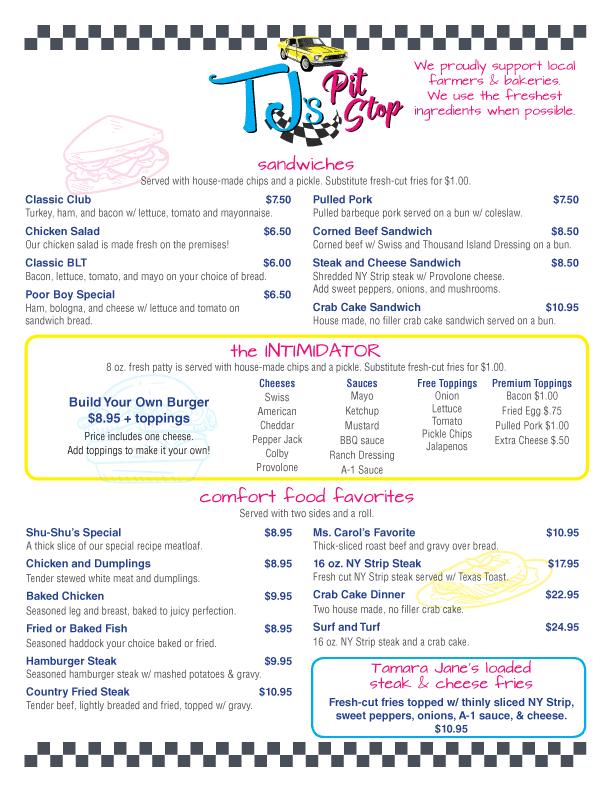 Menu at Tjs Pit Stop pub & bar, Charles Town