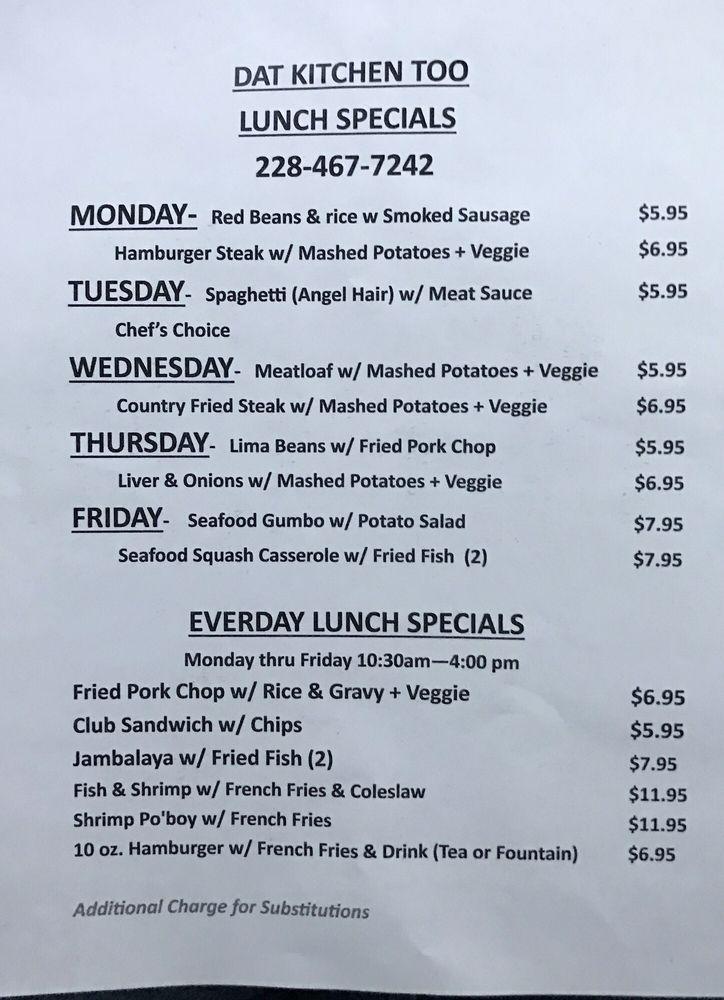 Menu at Dat Kitchen Too BBQ, Waveland, 714 Hwy 90