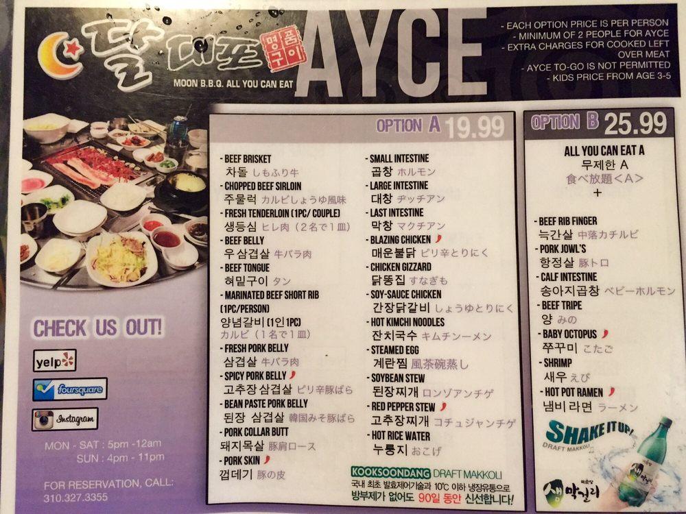Menu at moon bbq, Gardena