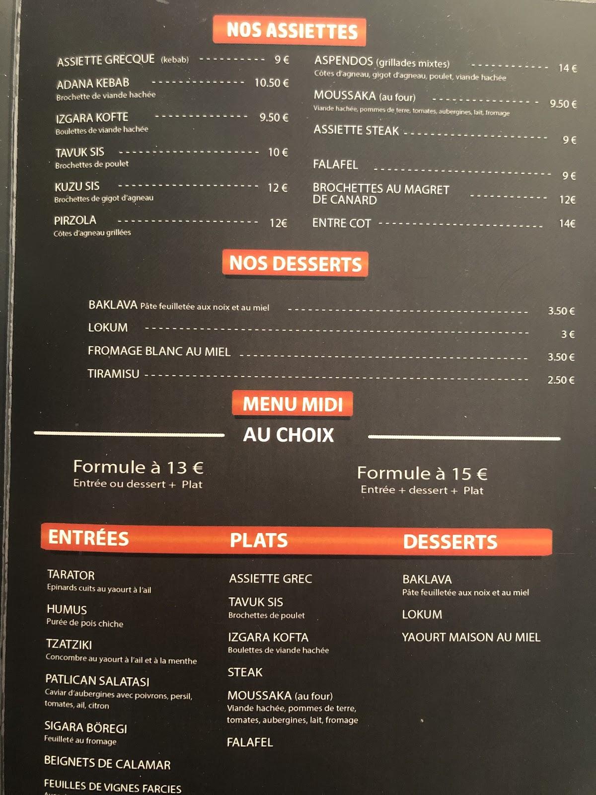 Menu au Aspendos Kebab restaurant, Ramonville-Saint-Agne