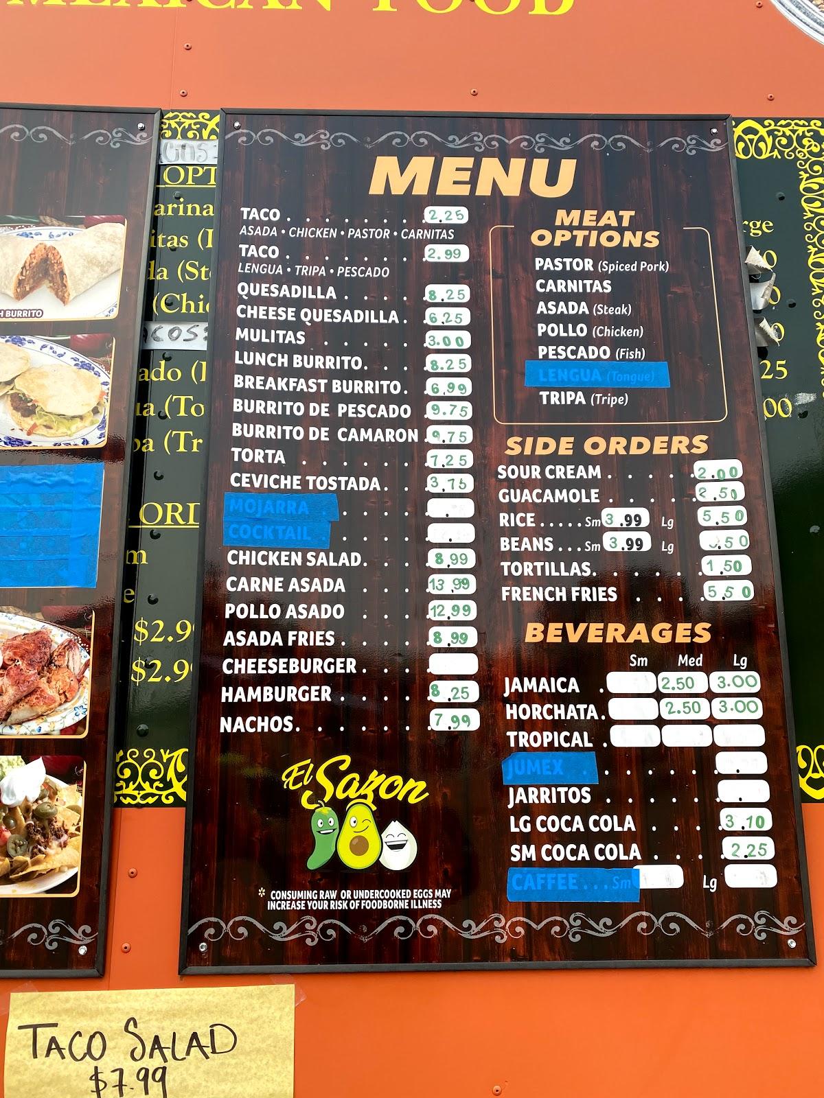 Menu at El Sazon restaurant, Portland, US-30