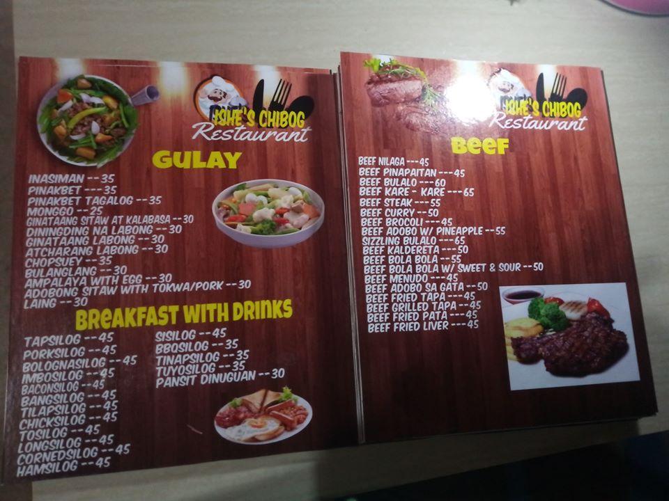 Menu at Ishe's Chibog Restaurant, Tayug