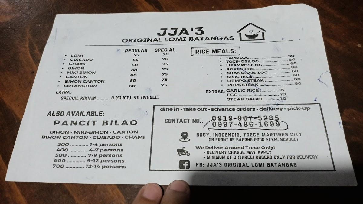 Menu at JJA'3 Lomi House restaurant, Trece Martires