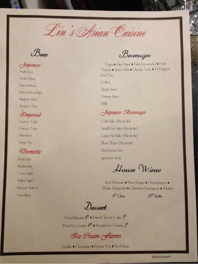 Menu at Lin's Asian Cuisine restaurant, Pocomoke City