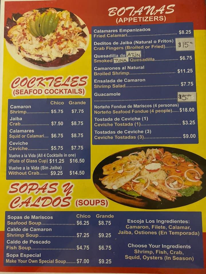 Menu at Mariscos De La Rosa restaurant, Brownsville, Padre Island Hwy