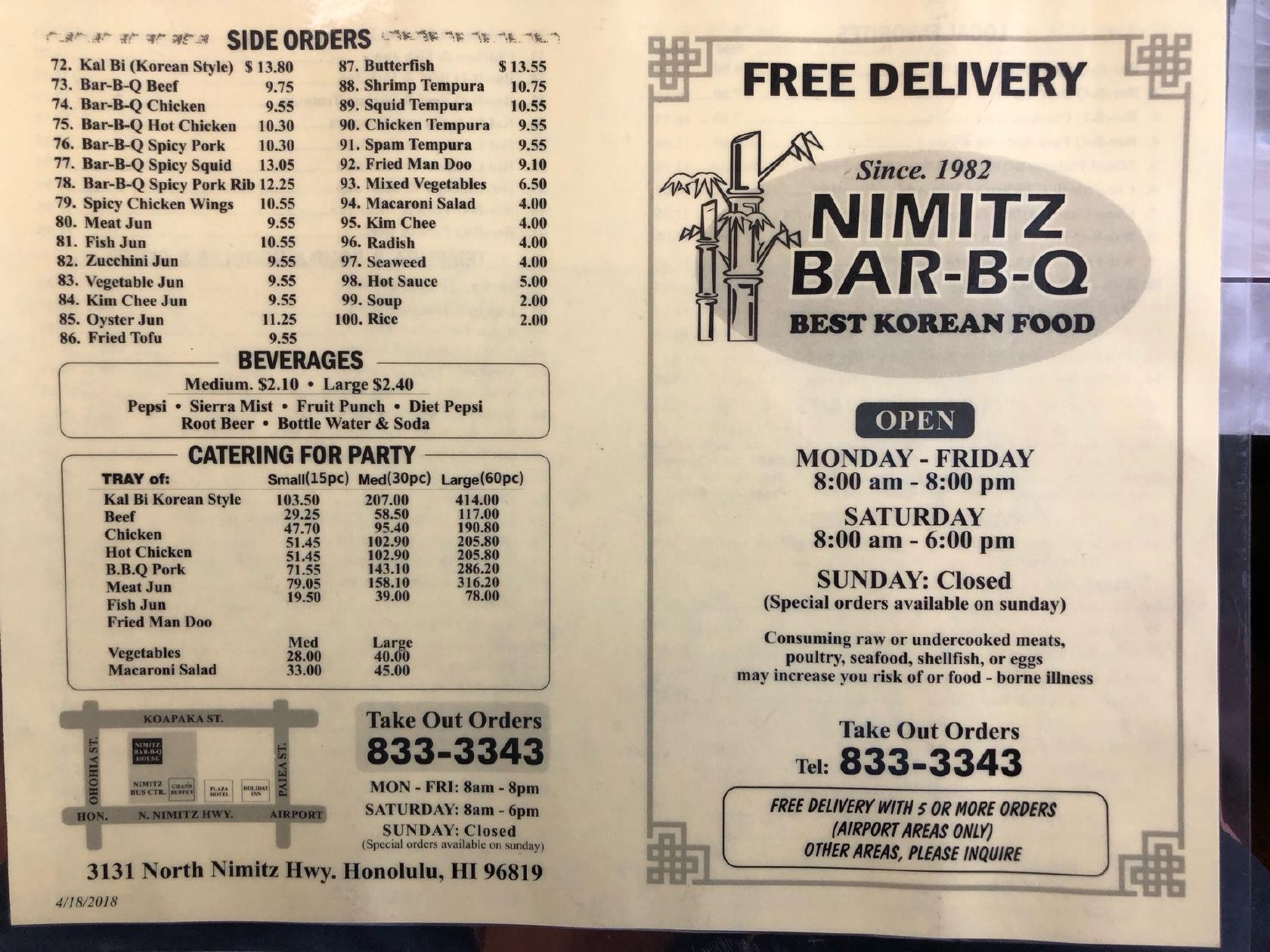 Menu at Nimitz Bar-Bq House, Honolulu