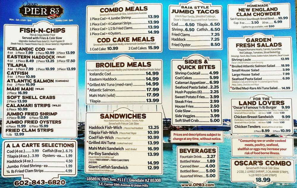Menu at Oscar's Pier 83 restaurant, Glendale