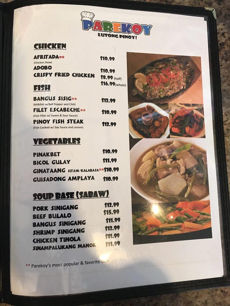 Menu at Parekoy Lutong Pinoy restaurant, San Leandro