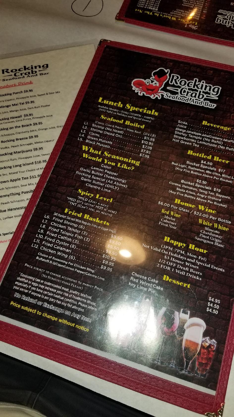 Menu at Rocking Crab pub & bar, Temple Terrace