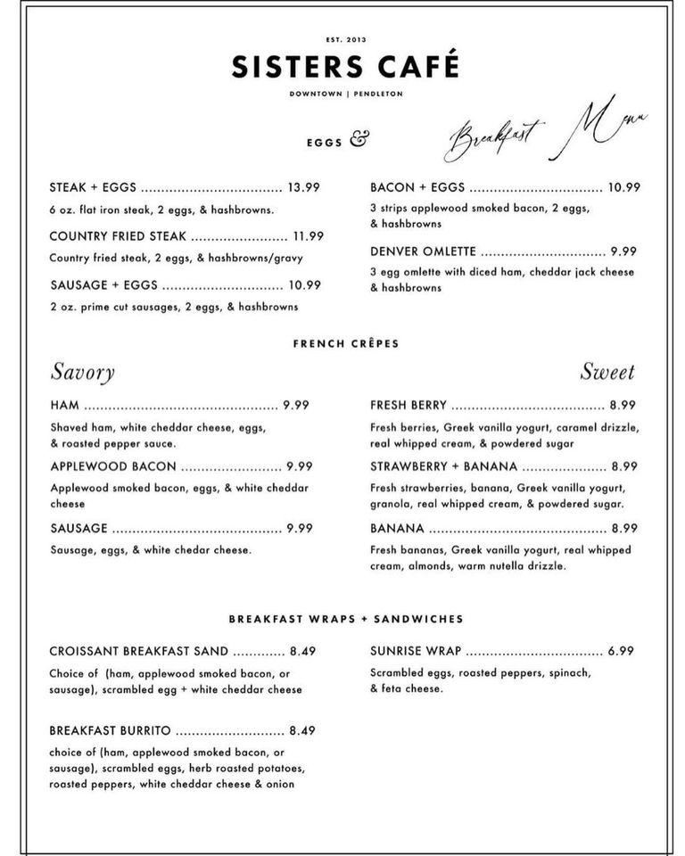 Menu at Sister's Cafe, Pendleton