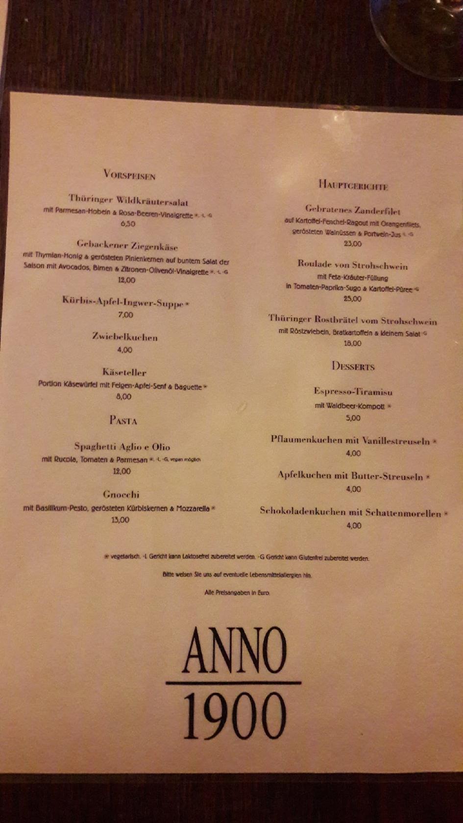 Speisekarte von Café-Restaurant ANNO 1900, Weimar