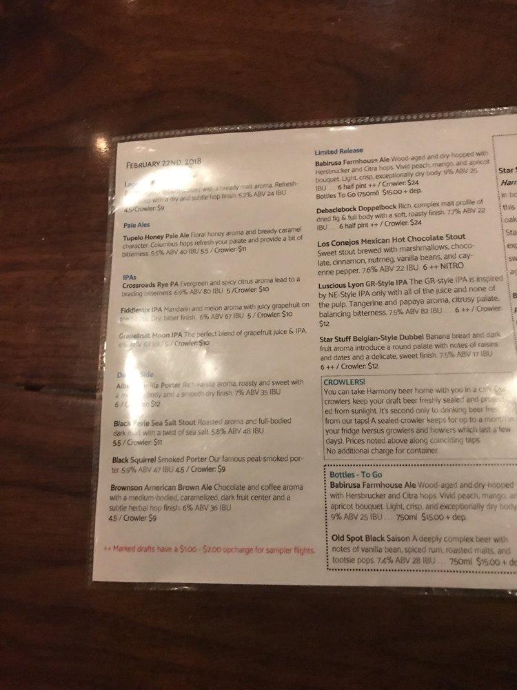 Menu at Harmony Hall pizzeria, Grand Rapids