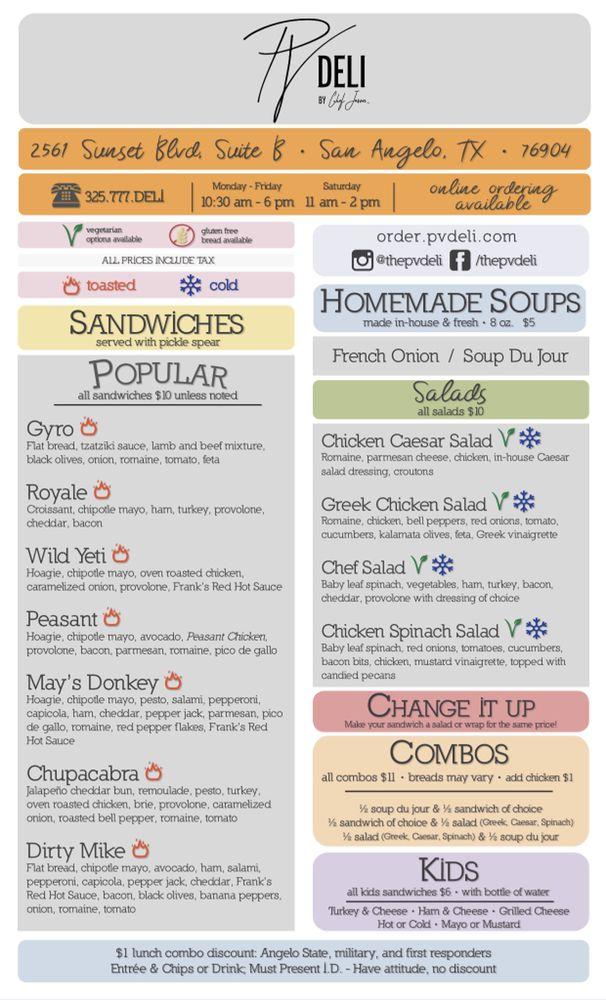 Menu at PV Deli by Chef Jason restaurant, San Angelo