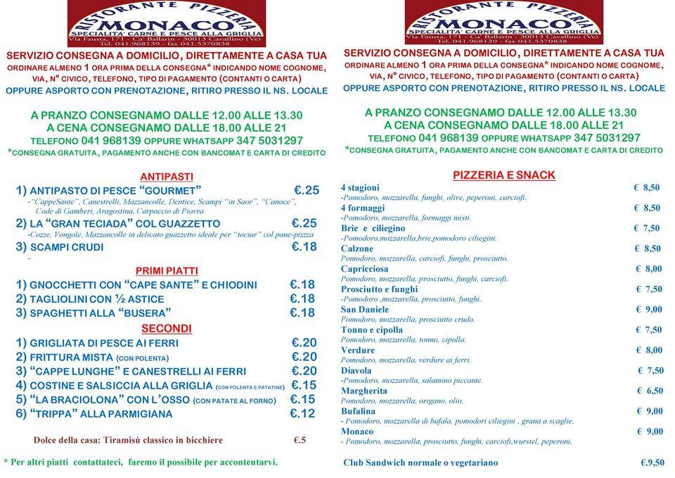 Menu au Ristorante Pizzeria Monaco, Cavallino