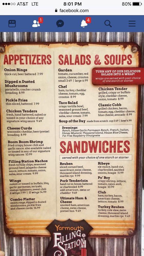 Menu at Yarmouth Filling Station restaurant, Yarmouth