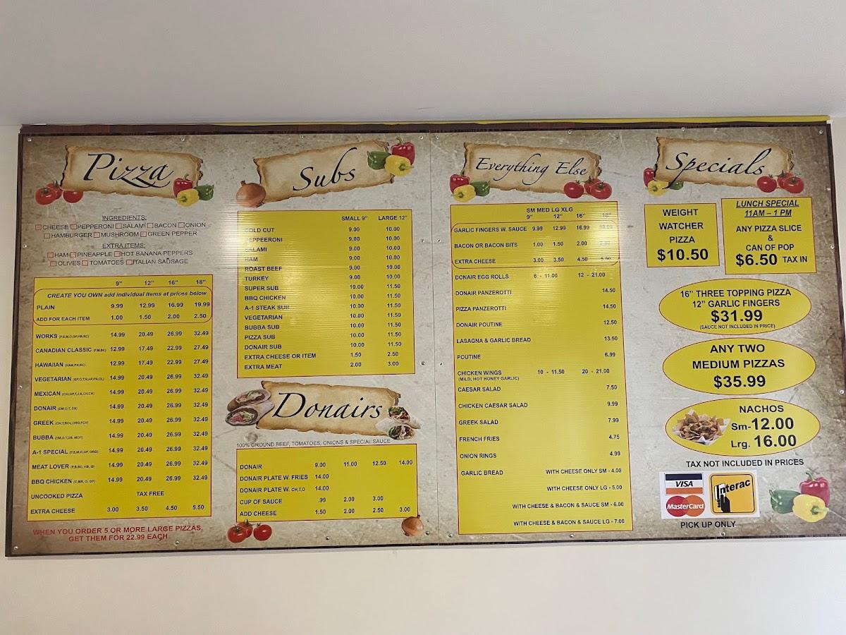 Menu at A1 Pizza restaurant, Shelburne