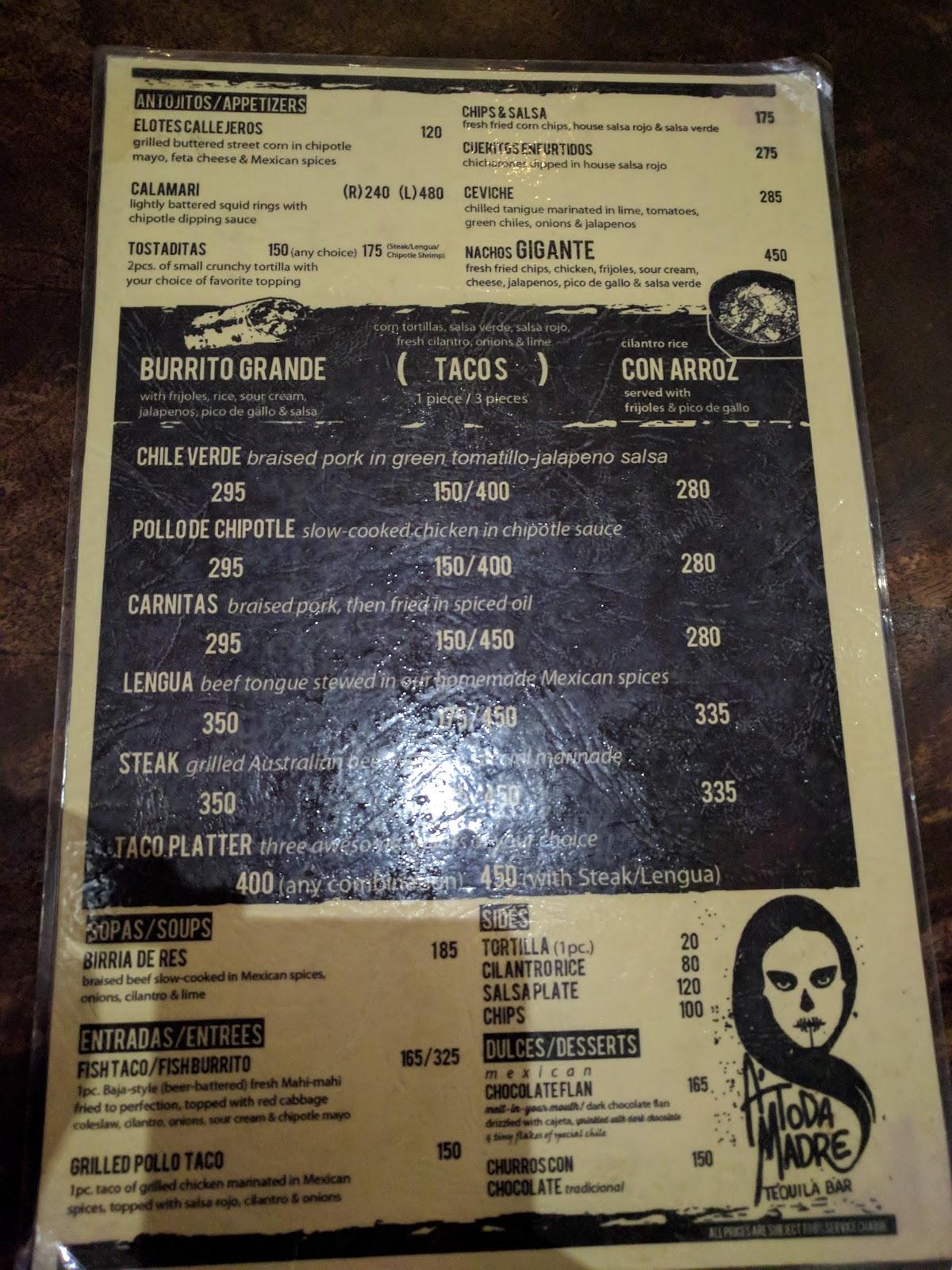 Menu at A'Toda Madre Tequila Bar, Makati