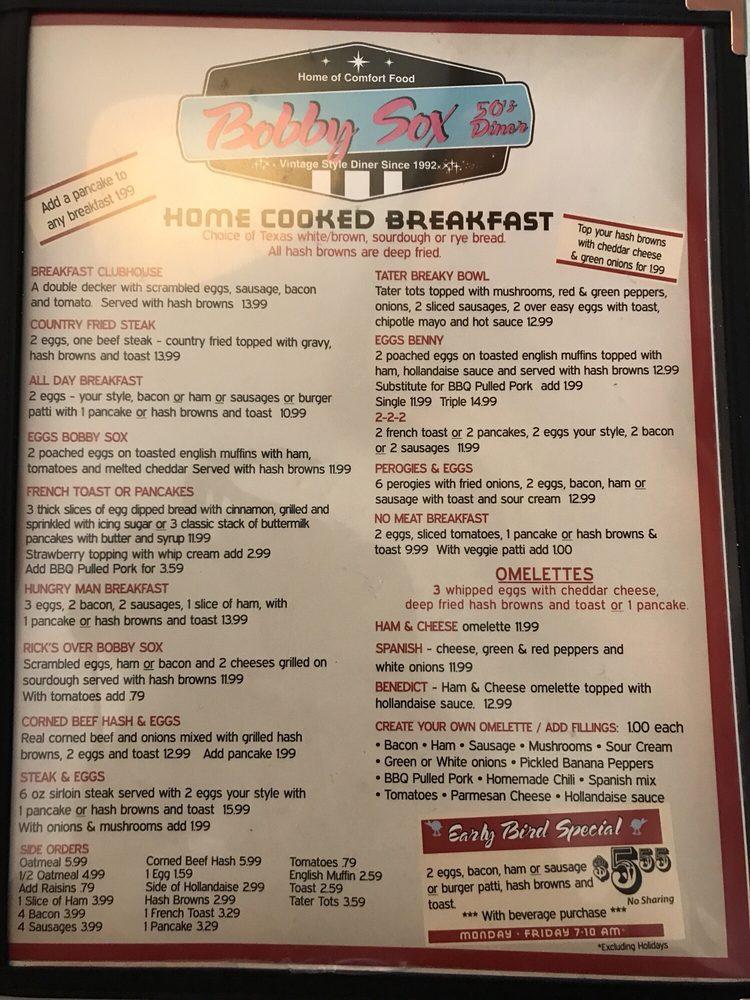 Menu at Bobby Sox 50's Diner restaurant, Maple Ridge