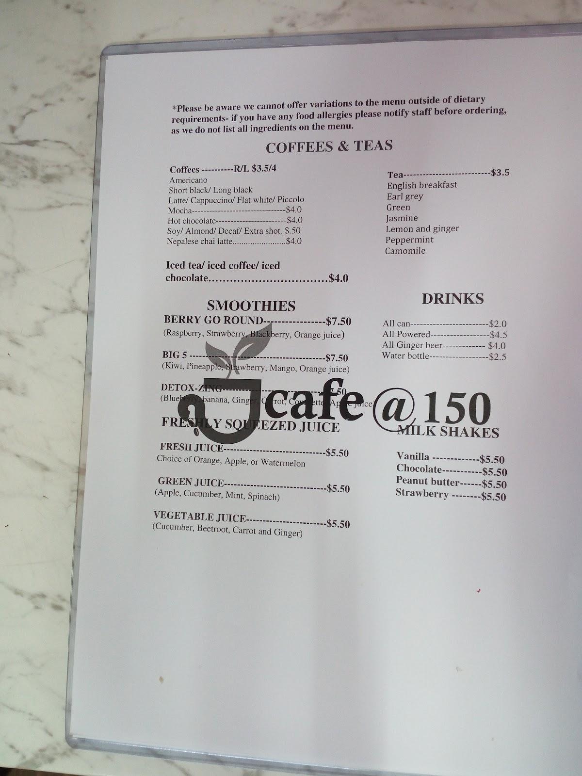 Menu at Cafe @ 150, McKinnon