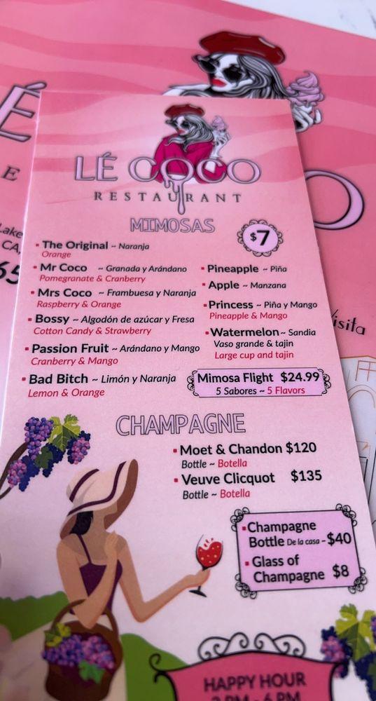 Carta del postres Le Coco, Downey
