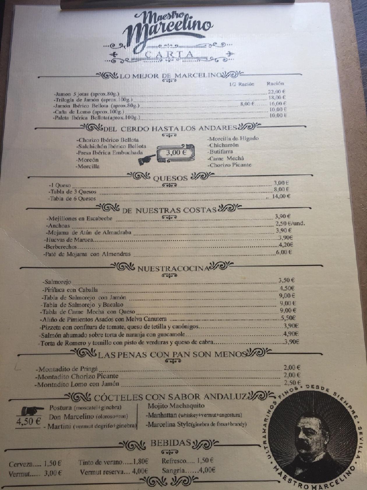 Menu at Maestro Marcelino pub & bar, Seville
