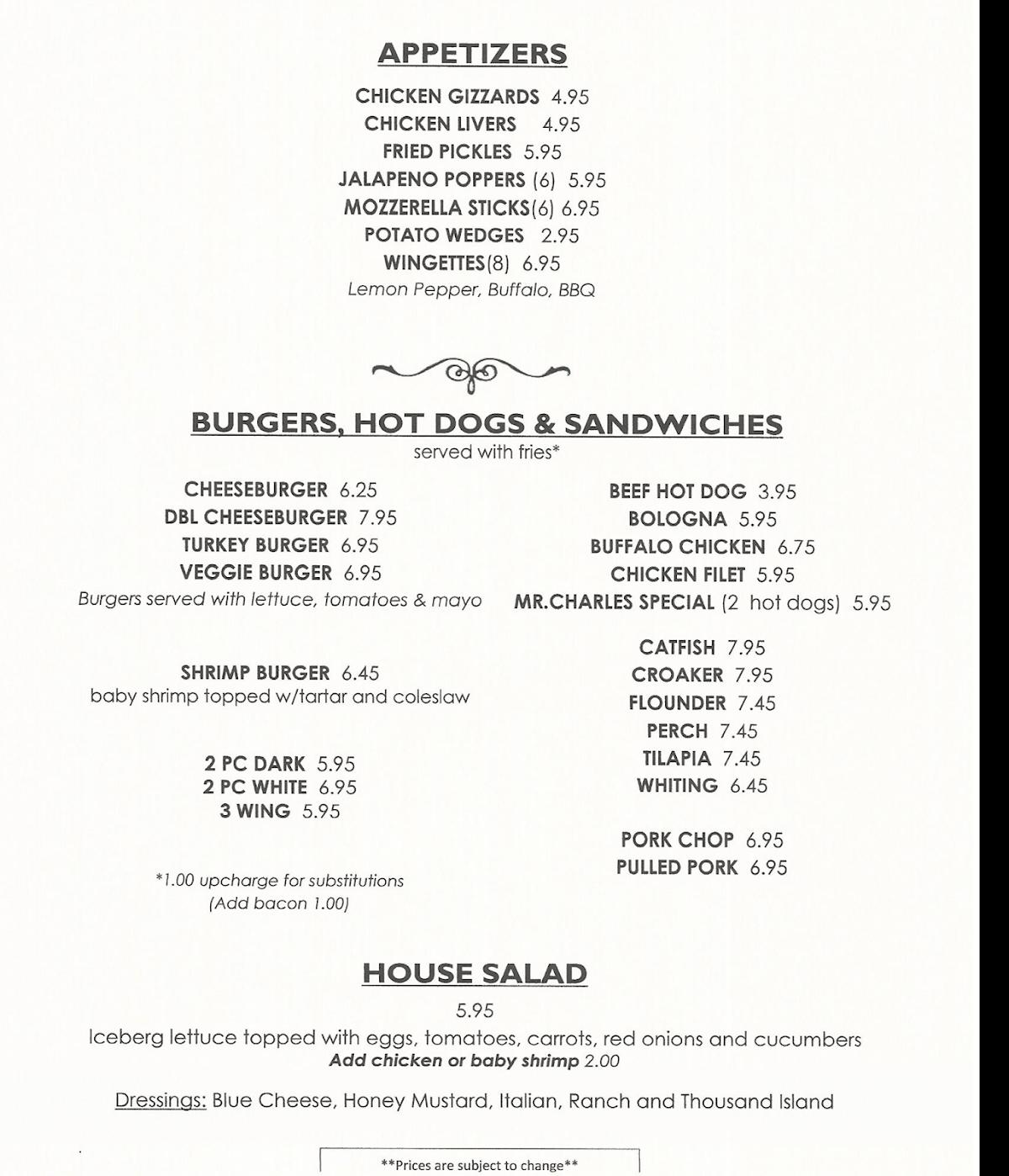 Menu at Mr. Charles Chicken & Fish Cambridge Commons restaurant, Charlotte