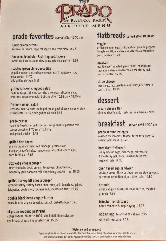 Menu at Prado at the Airport pub & bar, San Diego